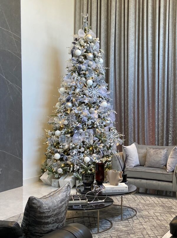 12ft Frosted Christmas tree with silver and white ornaments